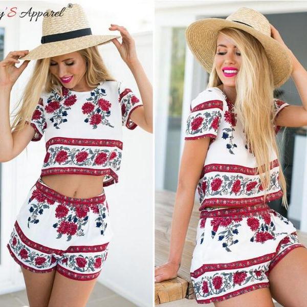 Summer Short Sleeve Floral Print Set Tops Shorts on Luulla