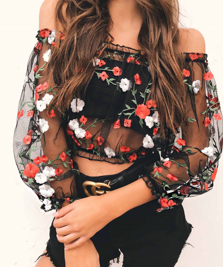 Off-the-shoulder Floral Embroidered Mesh Crop Top With Long Sleeves on ...
