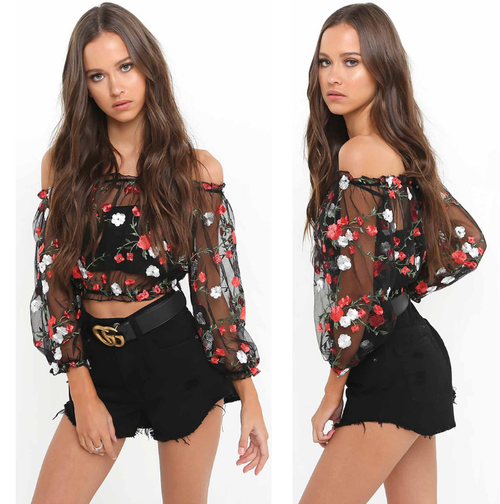 Off-the-shoulder Floral Embroidered Mesh Crop Top With Long Sleeves on ...